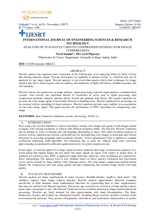 (PDF) ANALYSIS OF WAVELETS USED IN COMPRESSED SENSING FOR IMAGE COMPRESSION
