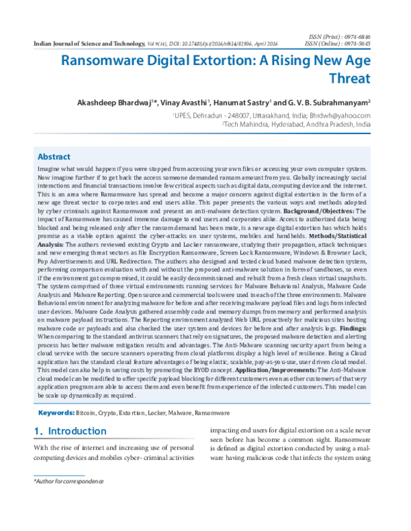 (PDF) Ransomware Digital Extortion - A Rising New Age Threat