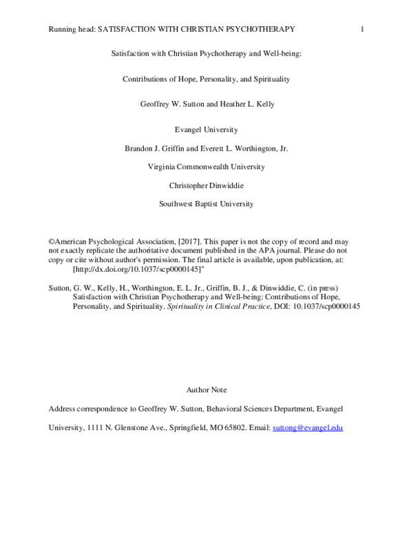 (PDF) Satisfaction with Christian Psychotherapy and Well-being ...