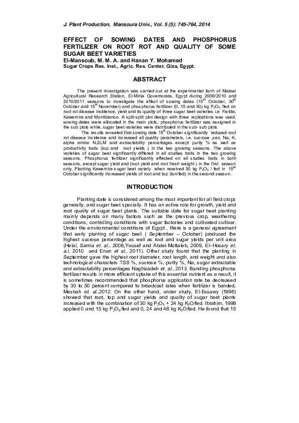 Pdf Effect Of Sowing Dates And Phosphorus Fertilizer On Root Rot And Quality Of Some Sugar