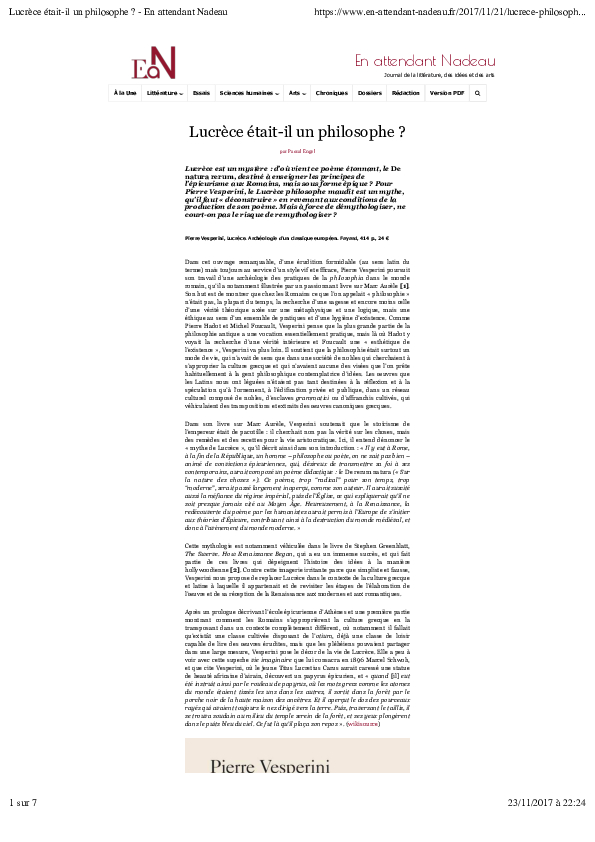 (PDF) Pascal Engel, « Lucrèce était-il un philosophe ? », compte rendu ...