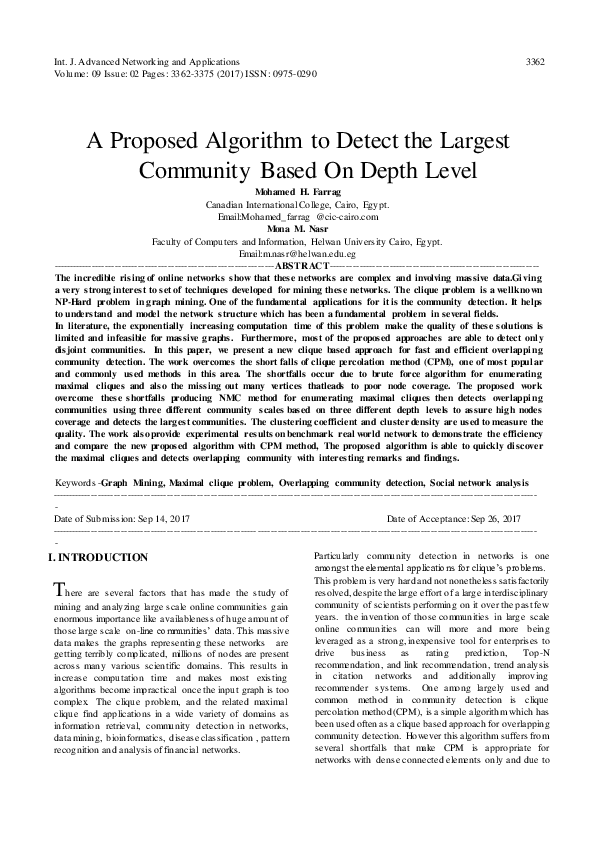 (PDF) A Proposed Algorithm to Detect the Largest Community Based On Depth Level