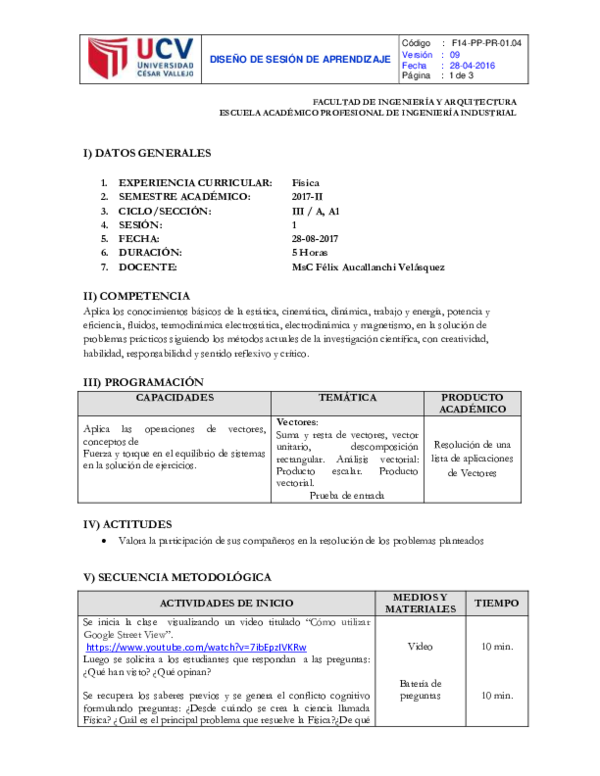 (PDF) DISEÑO DE SESIÓN DE APRENDIZAJE I) DATOS GENERALES