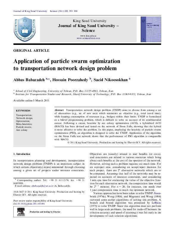 Pdf Application Of Particle Swarm Optimization To Transportation Network Design Problem