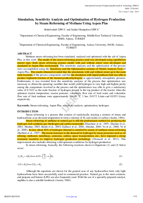 (PDF) Simulation, Sensitivity Analysis and Optimization of Hydrogen Production by Steam ...