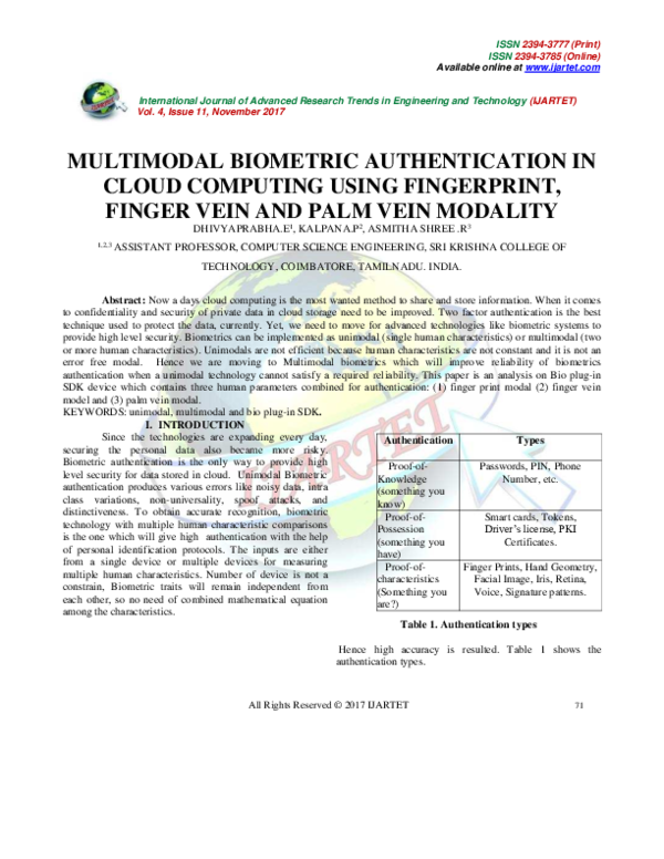Pdf Multimodal Biometric Authentication In Cloud Computing Using