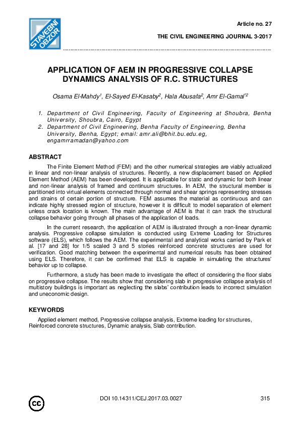 (PDF) APPLICATION OF AEM IN PROGRESSIVE COLLAPSE DYNAMICS ANALYSIS OF R.C. STRUCTURES