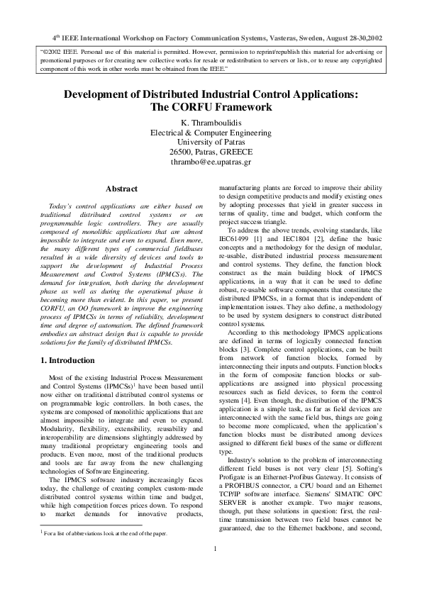 (PDF) Development of distributed industrial control applications: the CORFU framework