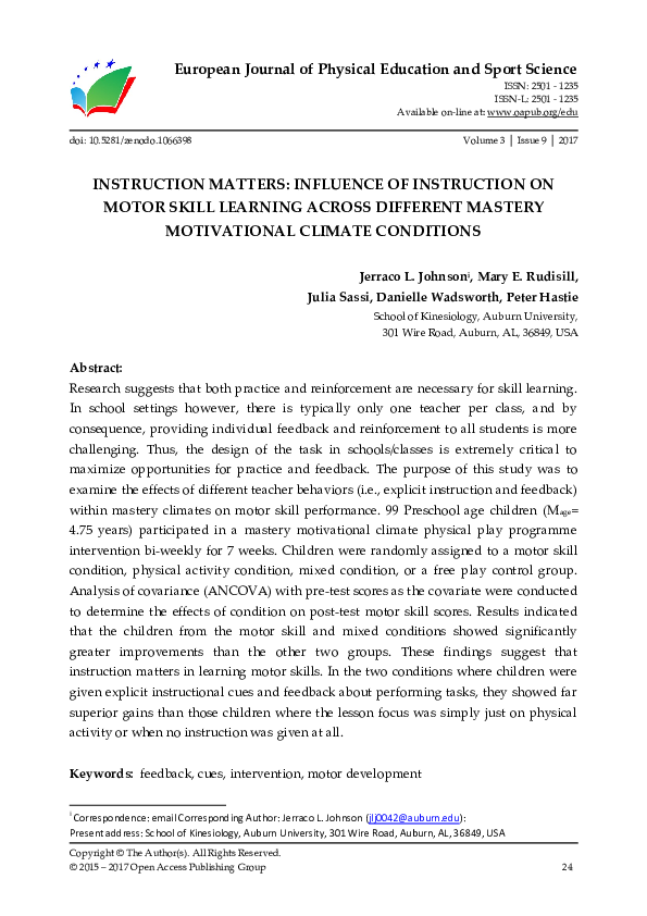 (PDF) INSTRUCTION MATTERS: INFLUENCE OF INSTRUCTION ON MOTOR SKILL ...
