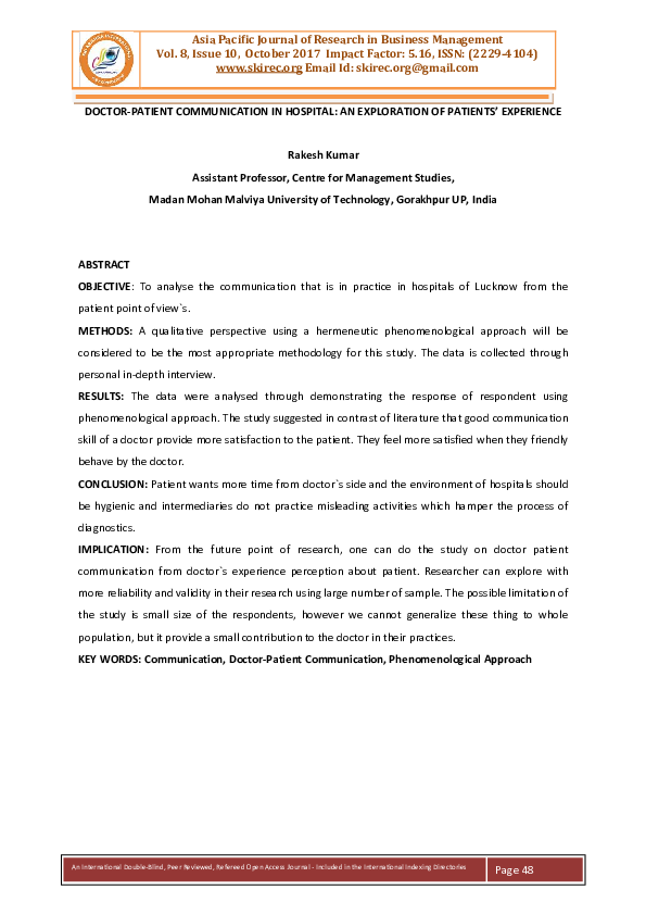 (PDF) DOCTOR-PATIENT COMMUNICATION IN HOSPITAL: AN EXPLORATION OF ...