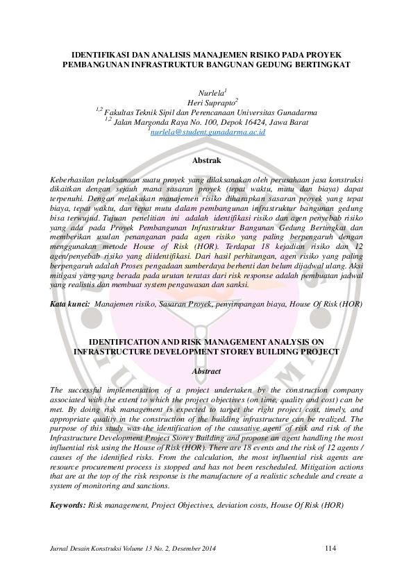 (PDF) IDENTIFIKASI DAN ANALISIS MANAJEMEN RISIKO PADA PROYEK ...