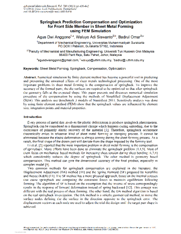 Pdf Springback Prediction Compensation And Optimization For Front Side Member In Sheet Metal