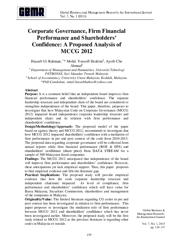 (PDF) Corporate Governance, Firm Financial Performance and Shareholders' Confidence: A Proposed ...