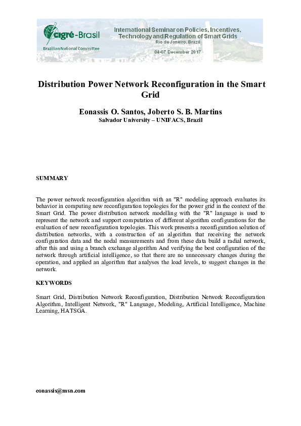 Pdf Distribution Power Network Reconfiguration In The Smart Grid