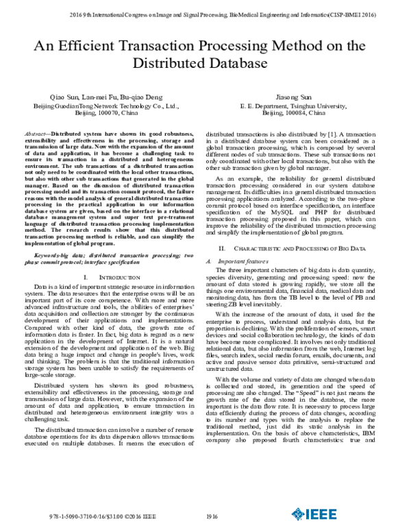 Pdf An Efficient Transaction Processing Method On The Distributed Database 