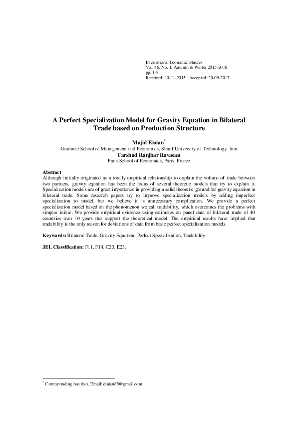 (PDF) A Perfect Specialization Model for Gravity Equation in Bilateral ...