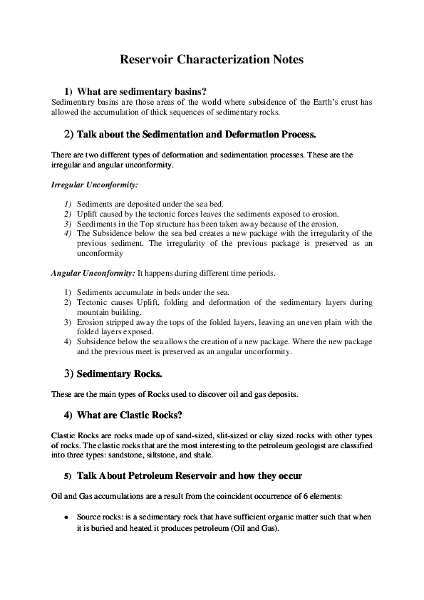 (DOC) Reservoir Characterization Notes