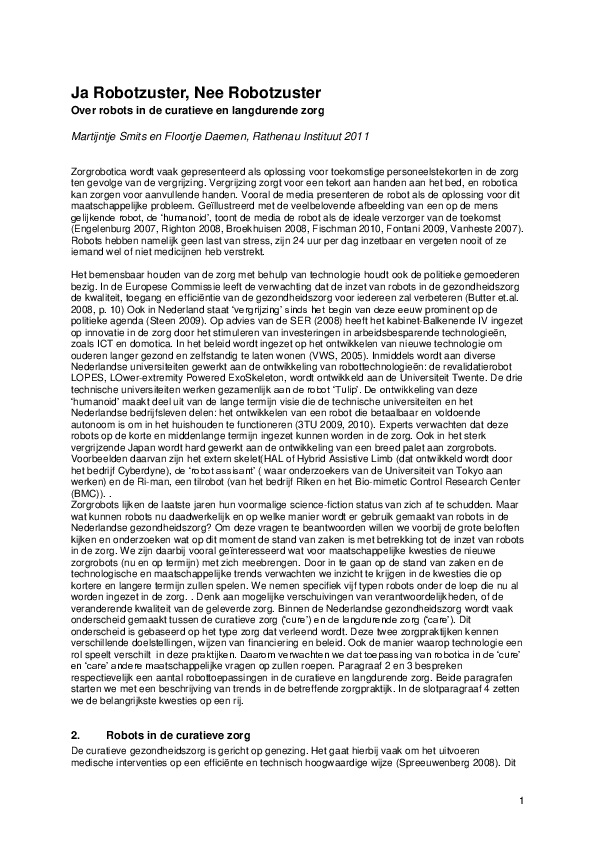 (PDF) Ja Robotzuster, Nee Robotzuster Over zorgrobotica in de curatieve ...