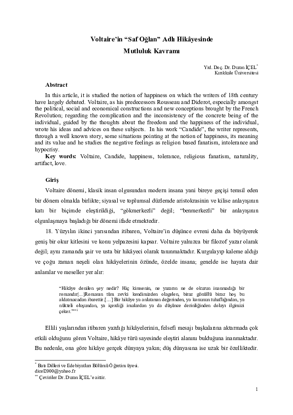 (PDF) Voltaire'in " Saf Oğlan " Adlı Hikâyesinde Mutluluk Kavramı - İÜ DİLBİLİM DERGİSİ XXII 2010