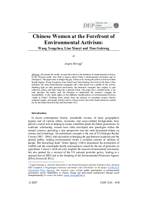 (PDF) Chinese Women at the Forefront of Environmental Activism :Wang ...
