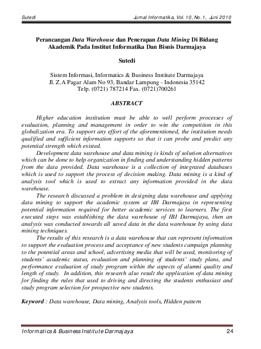 Pdf Perancangan Data Warehouse Dan Penerapan Data Mining Di Bidang