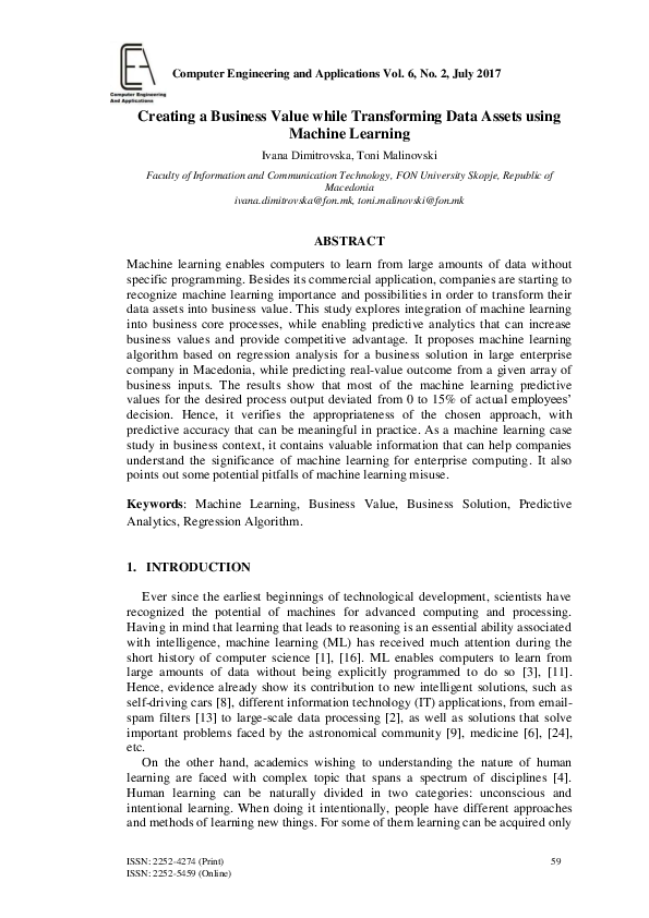 (PDF) Creating a Business Value while Transforming Data Assets using Machine Learning