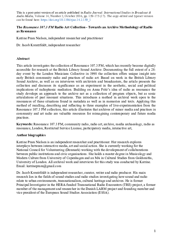 (PDF) The Resonance 107.3 FM radio art collection: Towards an archive ...