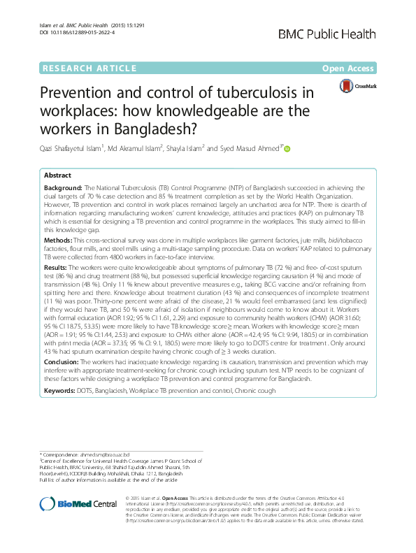 (PDF) Prevention and control of tuberculosis in workplaces: how ...