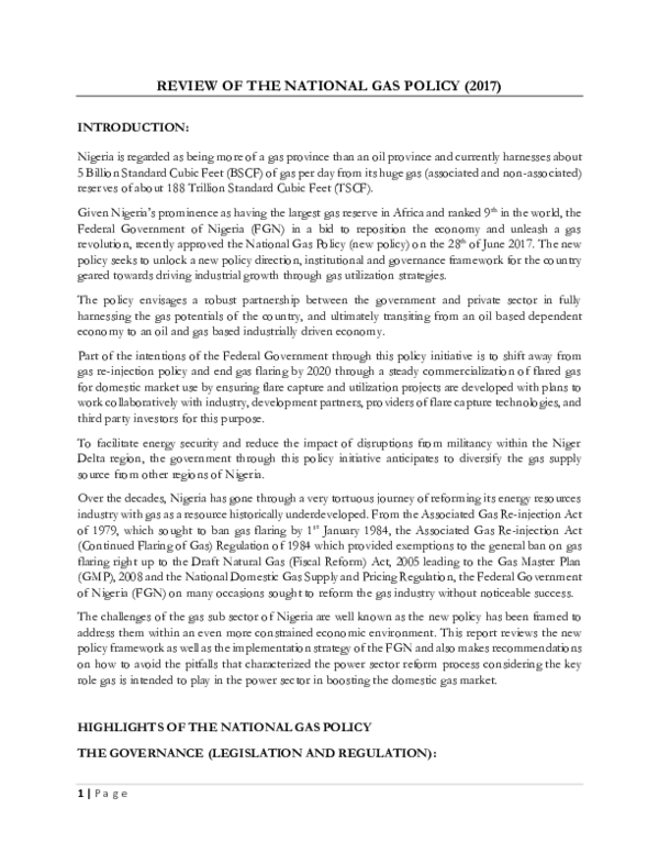 (PDF) REVIEW OF THE NATIONAL GAS POLICY (2017