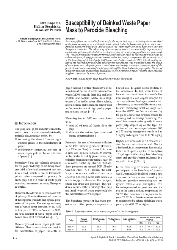 (PDF) Susceptibility of deinked waste paper mass to peroxide bleaching
