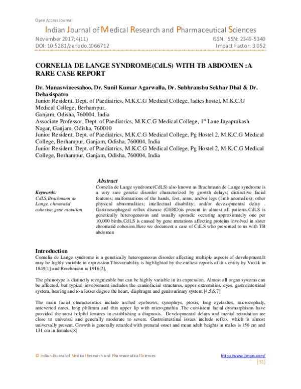 (PDF) CORNELIA DE LANGE SYNDROME(CdLS) WITH TB ABDOMEN :A RARE CASE REPORT