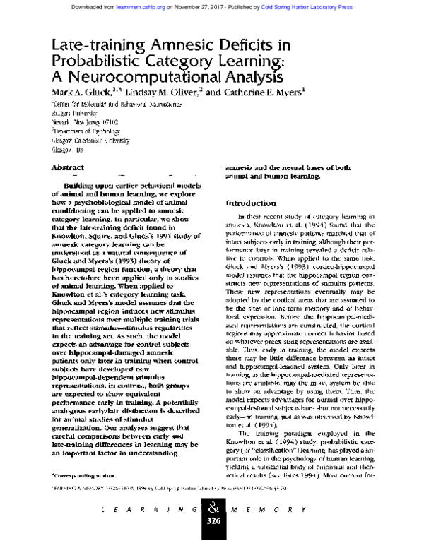 (PDF) Late-training amnesic deficits in probabilistic category learning: a neurocomputational ...