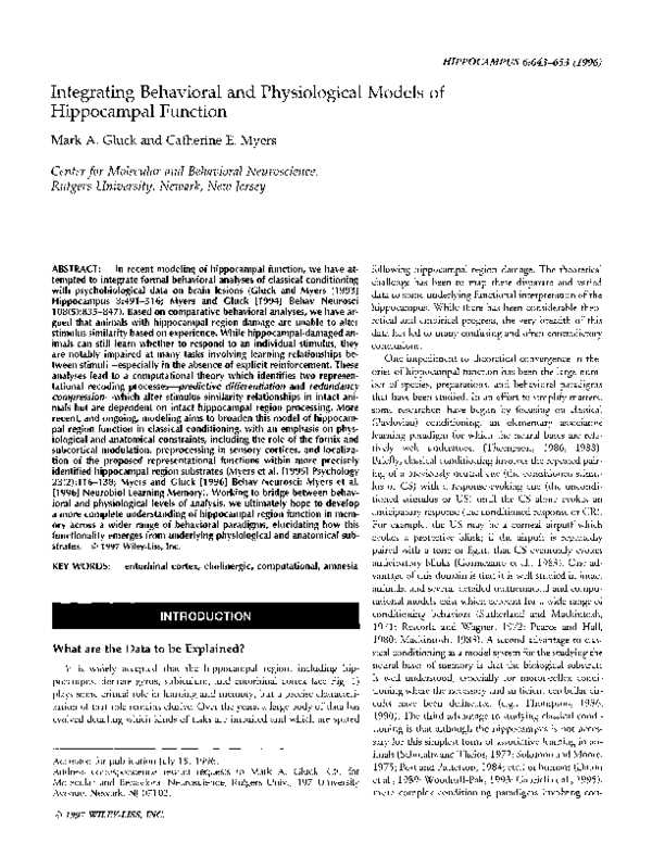 (PDF) Integrating behavioral and physiological models of hippocampal function