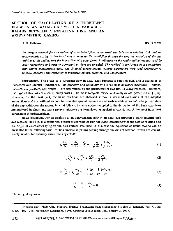Pdf Method Of Calculation Of A Turbulent Flow In An Axial Gap With A Variable Radius Between A