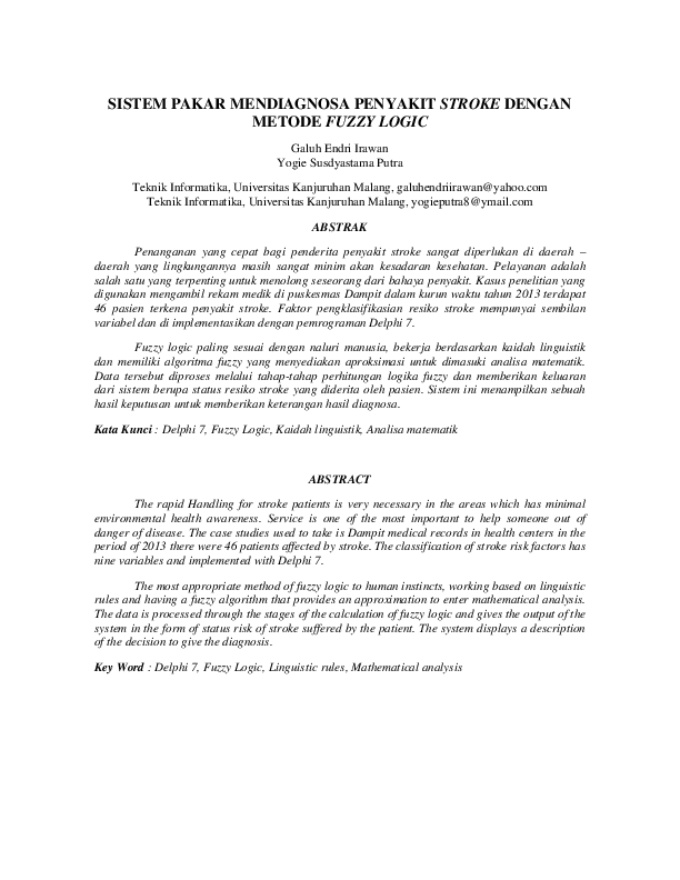 (PDF) SISTEM PAKAR MENDIAGNOSA PENYAKIT STROKE DENGAN METODE FUZZY LOGIC