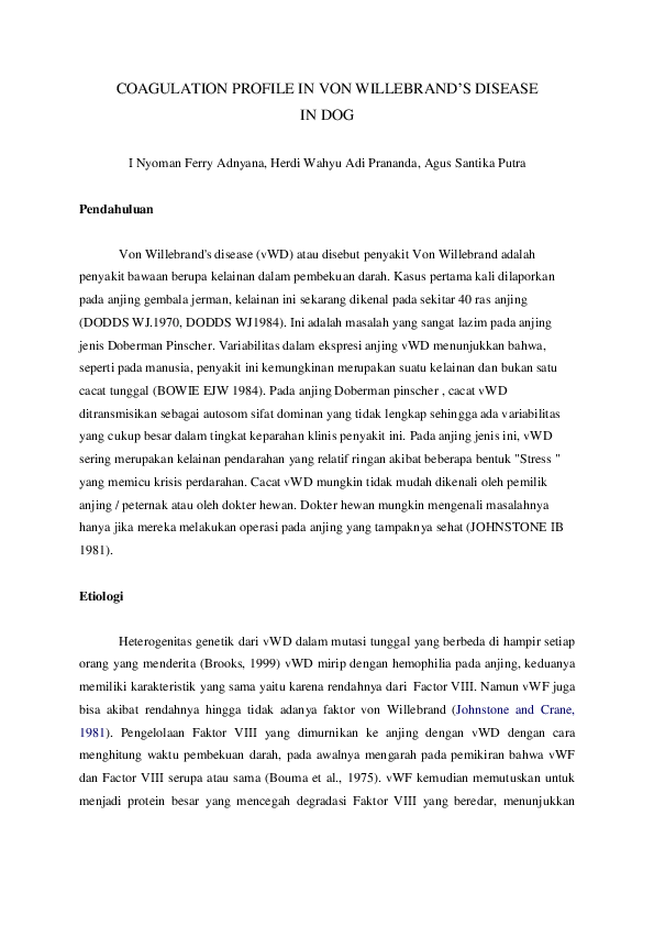 (PDF) COAGULATION PROFILE IN VON WILLEBRAND'S DISEASE IN DOG | Nyoman ...