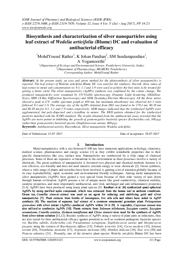 (PDF) Biosynthesis and characterization of silver nanoparticles using leaf extract of Wedelia ...