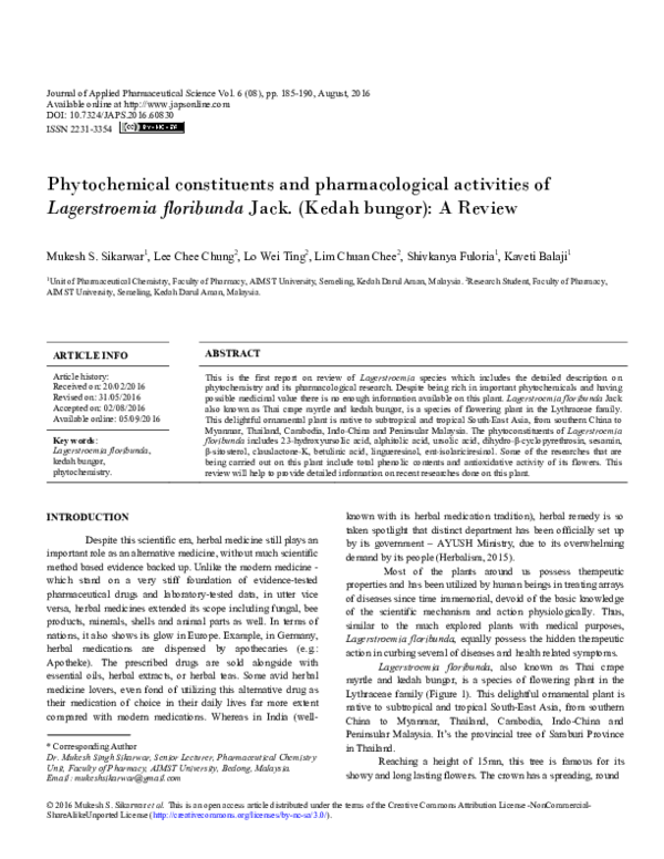 (PDF) Phytochemical constituents and pharmacological activities of Lagerstroemia floribunda Jack ...