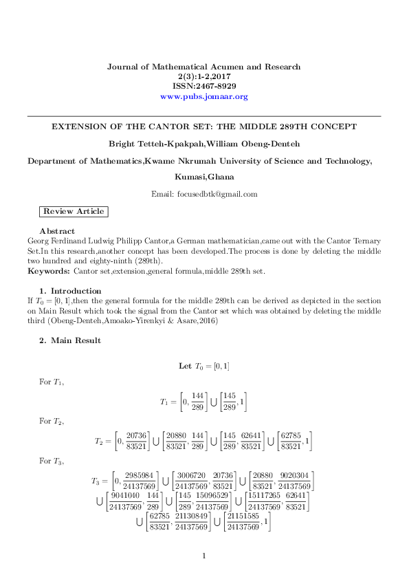 (PDF) EXTENSION OF THE CANTOR SET: THE MIDDLE 289TH CONCEPT | William ...
