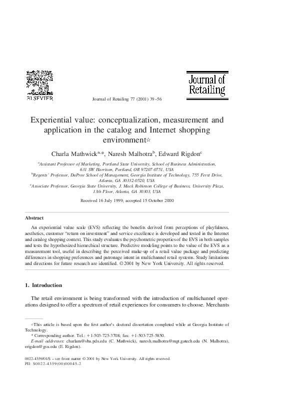 (PDF) Experiential value: conceptualization, measurement and application in the catalog and ...