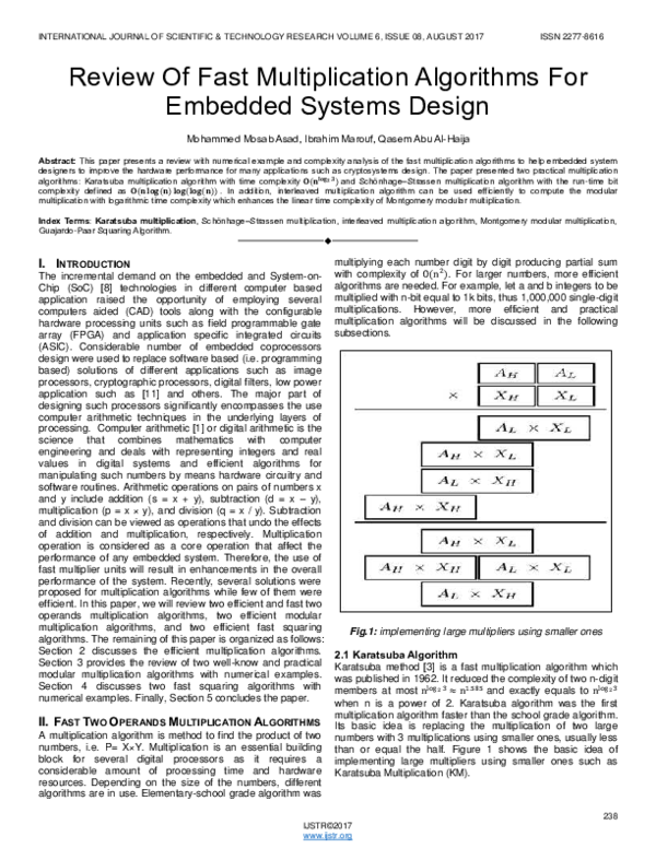 (PDF) Review Of Fast Multiplication Algorithms For Embedded Systems Design