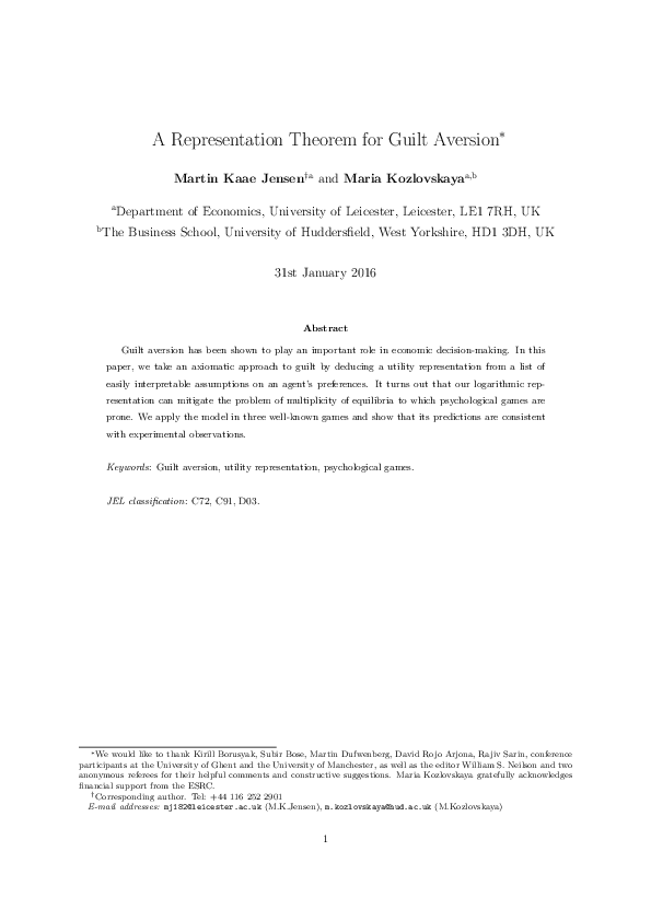 (PDF) A Representation Theorem for Guilt Aversion