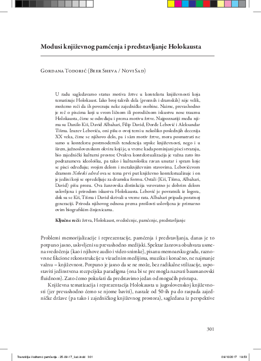 (PDF) Modusi književnog pamćenja i predstavljanje Holokausta