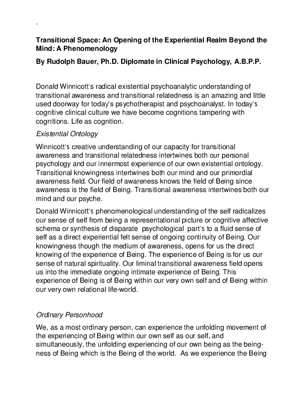 (DOC) Transitional Space: An Opening of the Experiential Realm Beyond ...