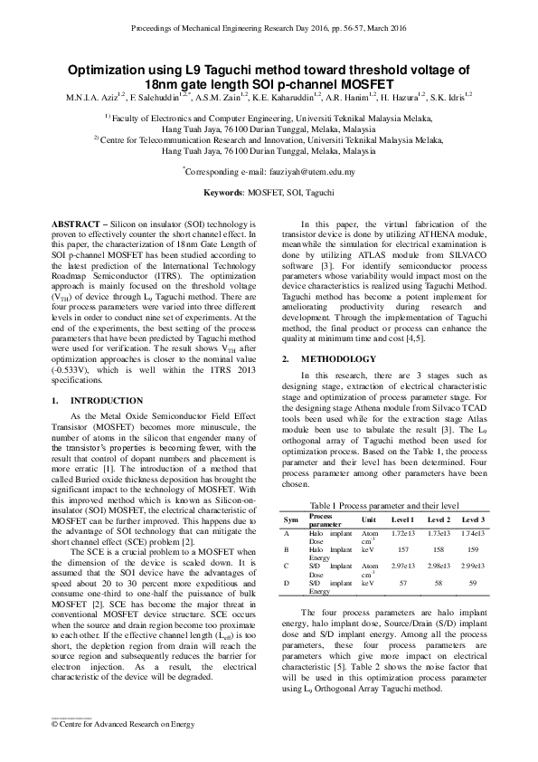 (PDF) Optimization using L9 Taguchi method toward threshold voltage of 18nm gate length SOI p ...