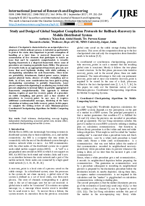 (PDF) Study and Design of Global Snapshot Compilation Protocols for Rollback-Recovery in Mobile ...