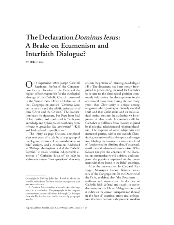 (PDF) The Declaration Dominus Iesus: A Brake on Ecumenism and ...