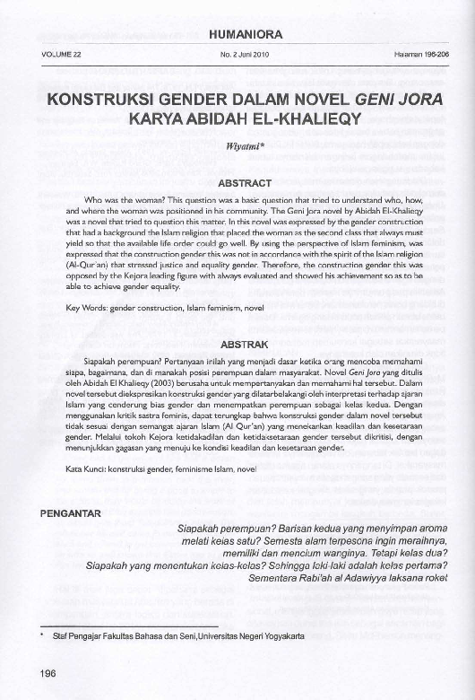 (PDF) KONSTRUKSI GENDER DALAM NOVEL GENI JORA KARYA ABIDAH EL KHALIEQY