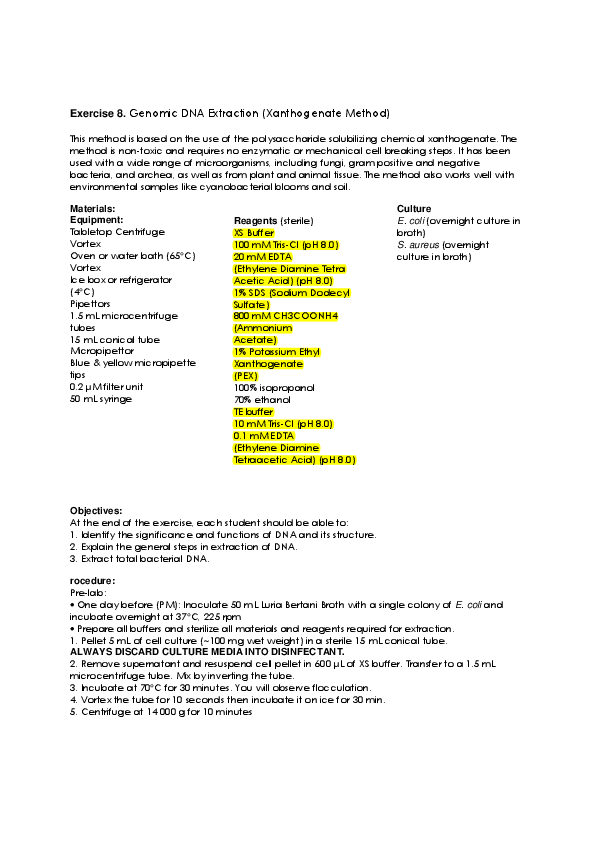 (PDF) Exercise 8. Genomic DNA Extraction (Xanthogenate Method