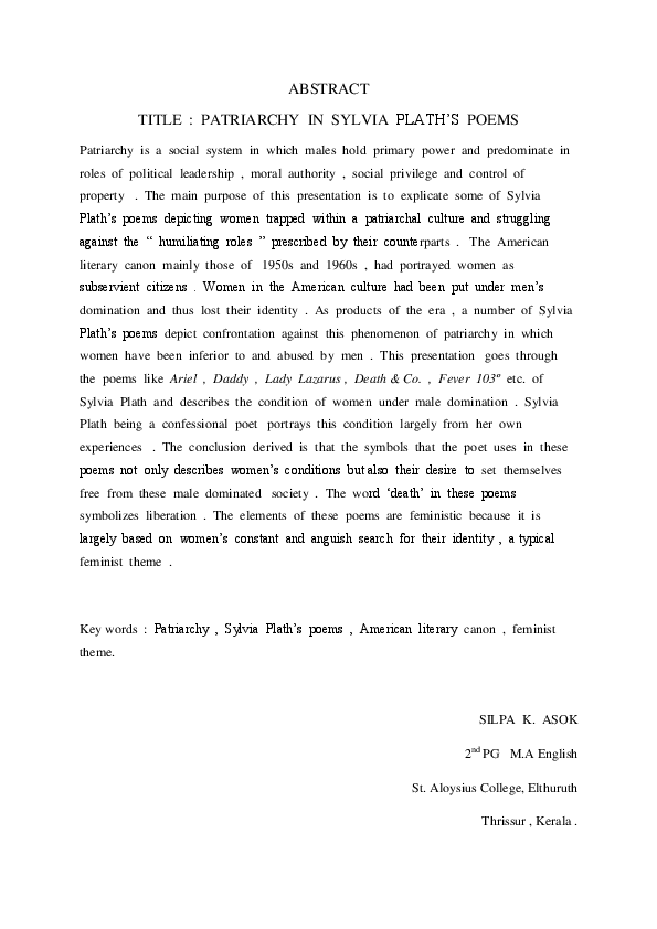(DOC) ABSTRACT TITLE : PATRIARCHY IN SYLVIA PLATH'S POEMS